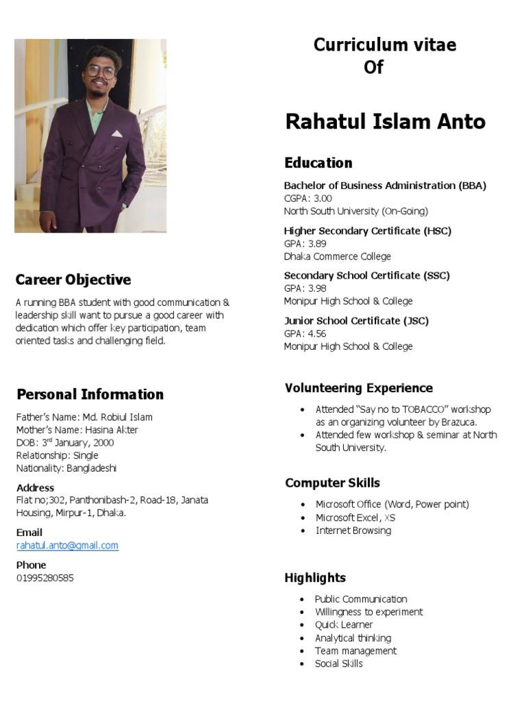 Rahatul Islam Anto: Curriculum Vitae of | PDF