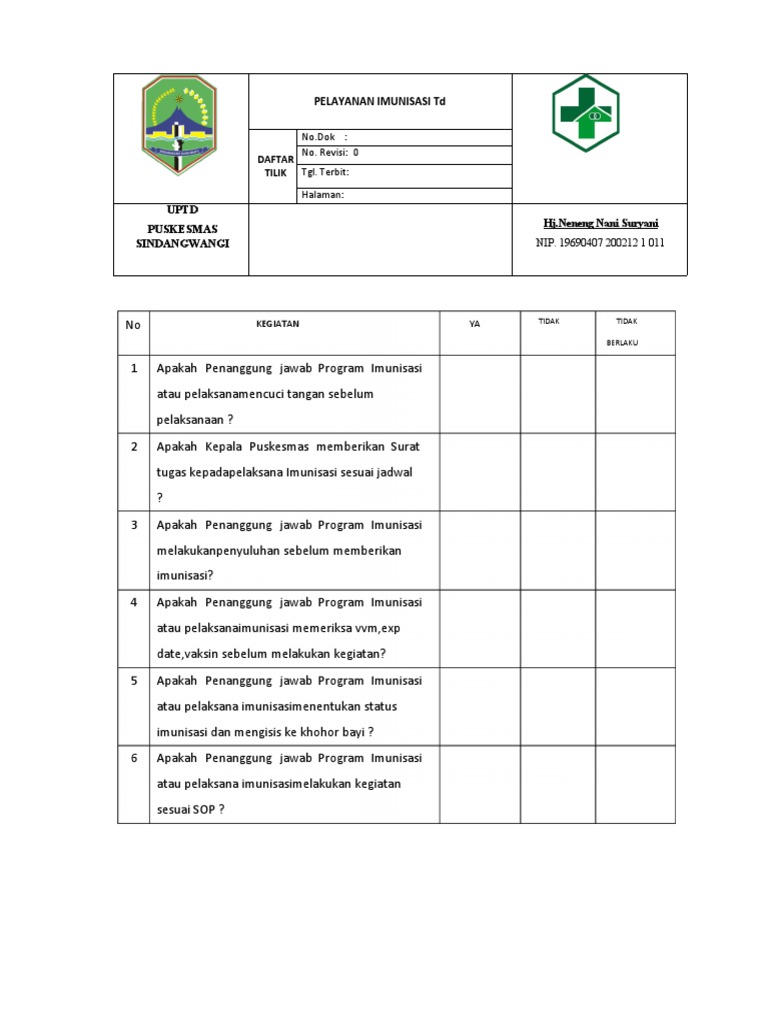 Daftar Tilik Imunisasi | PDF