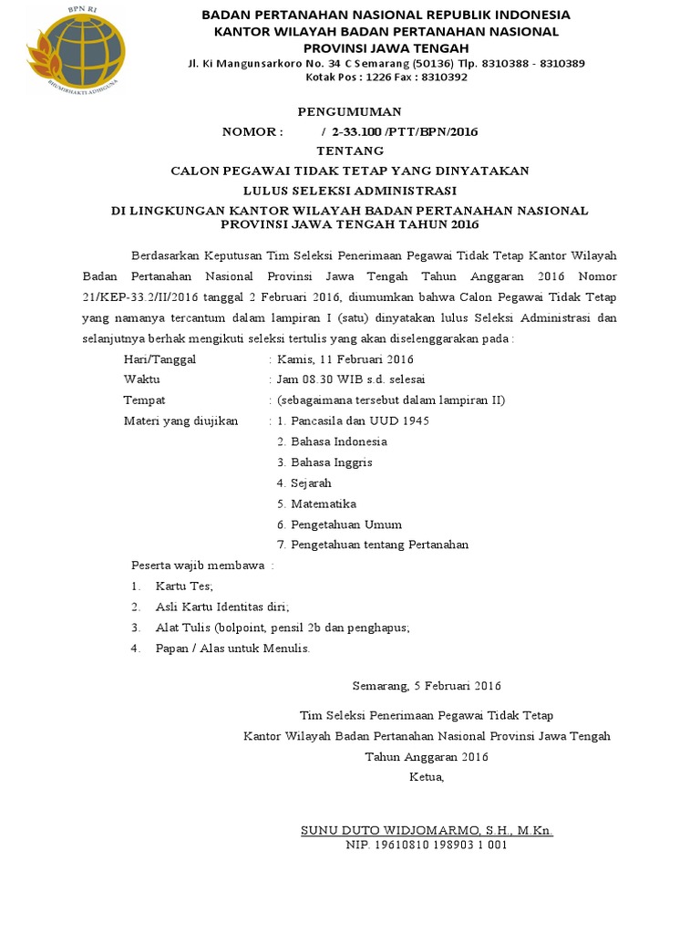 Pengumuman Lolos Seleksi Administrasi | PDF