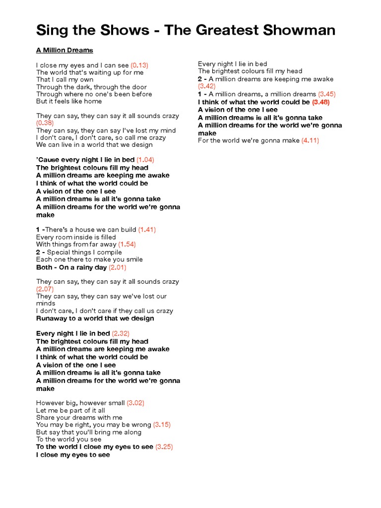 Sing The Shows The Greatest Showman Lyric Sheet | PDF