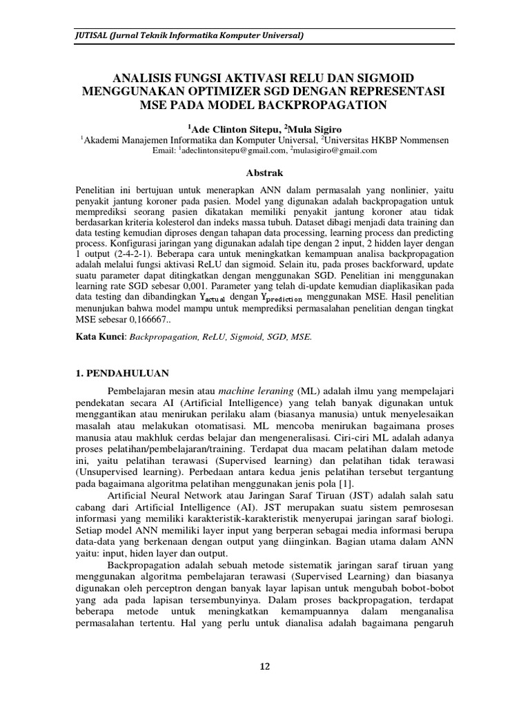 Analisis Fungsi Aktivasi ReLU dan Sigmoid Menggunakan Optimizer SGD dengan Representasi MSE pada ...