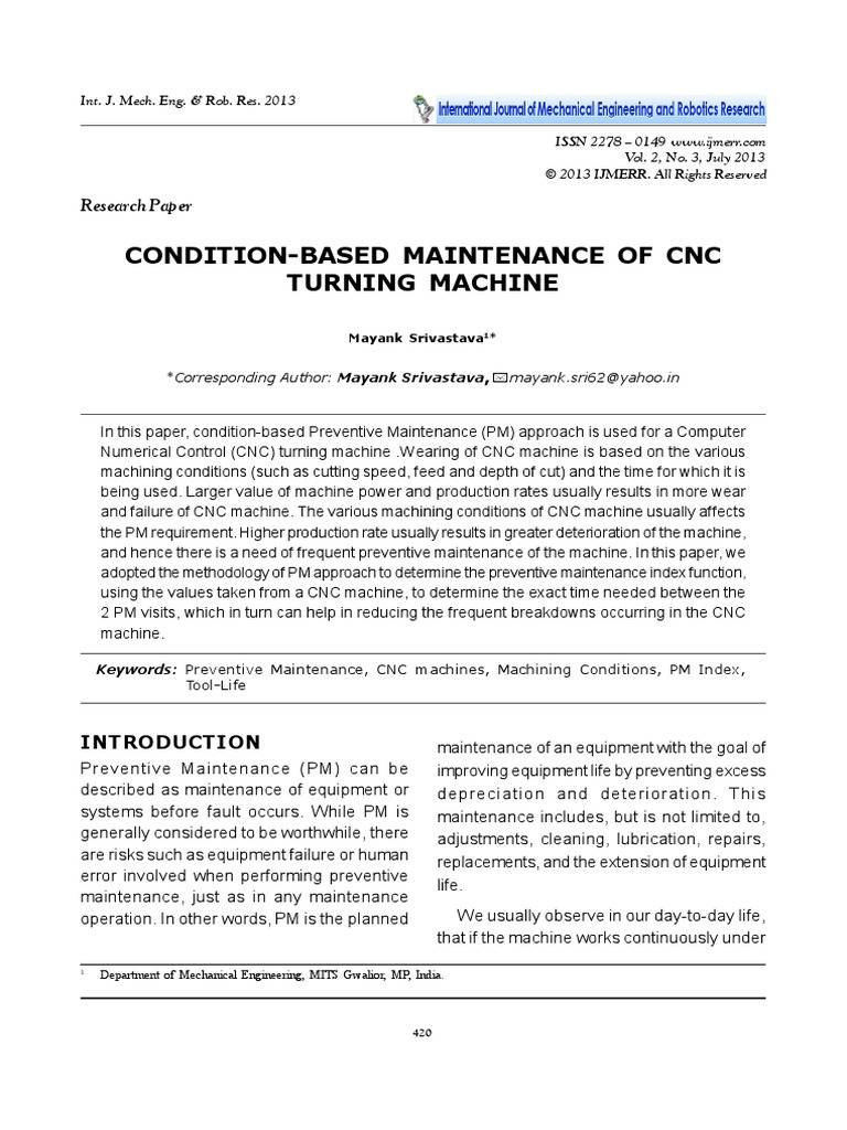 Condition-Based Maintenance of CNC Turning Machine: Research Paper ...