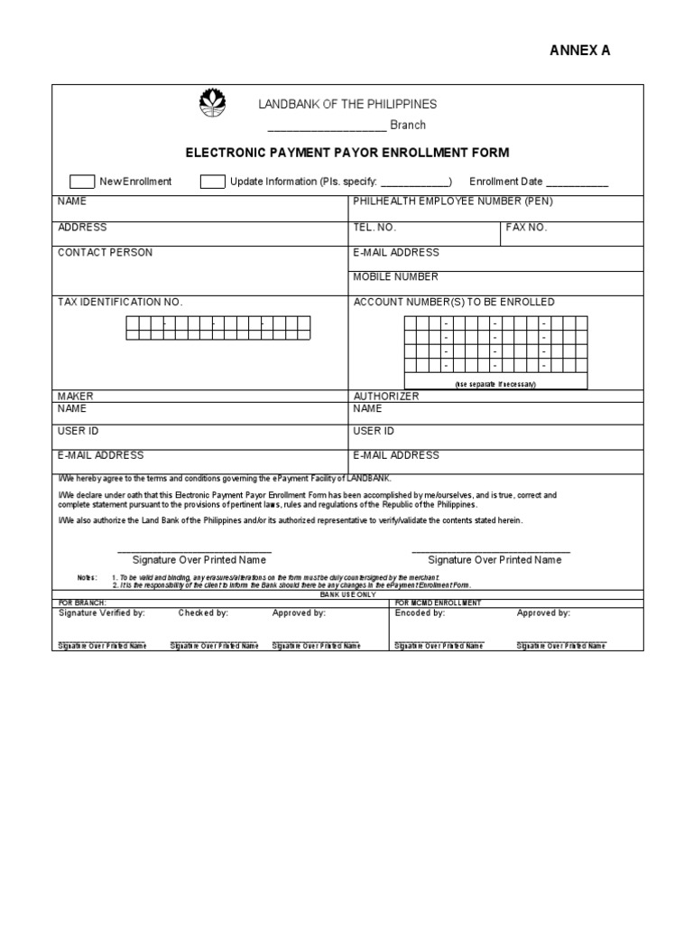 Electronic Payment Payor Enrollment Form: Landbank of The Philippines ...