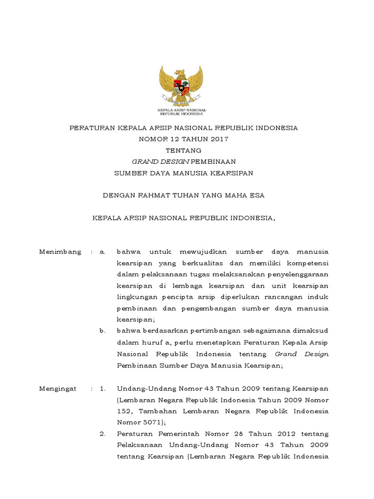 12 - 2017 Perka Grand Design Pembinaan SDM Kearsipan FINAL | PDF