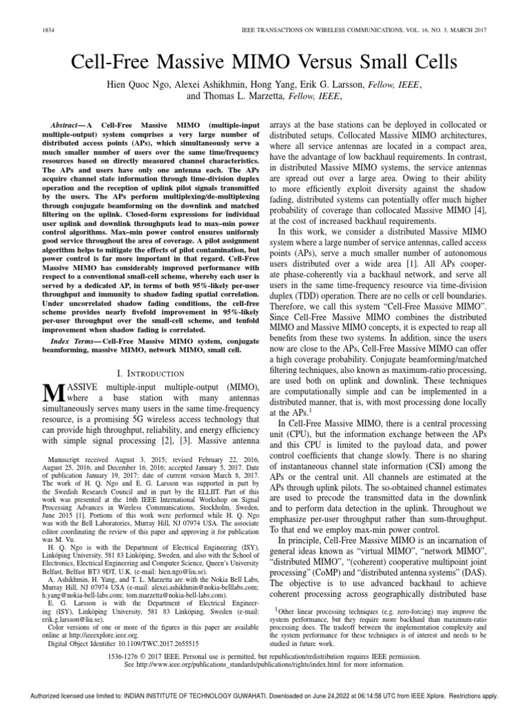 Cell-Free Massive MIMO Versus Small Cells1 | PDF | Mimo | Duplex ...