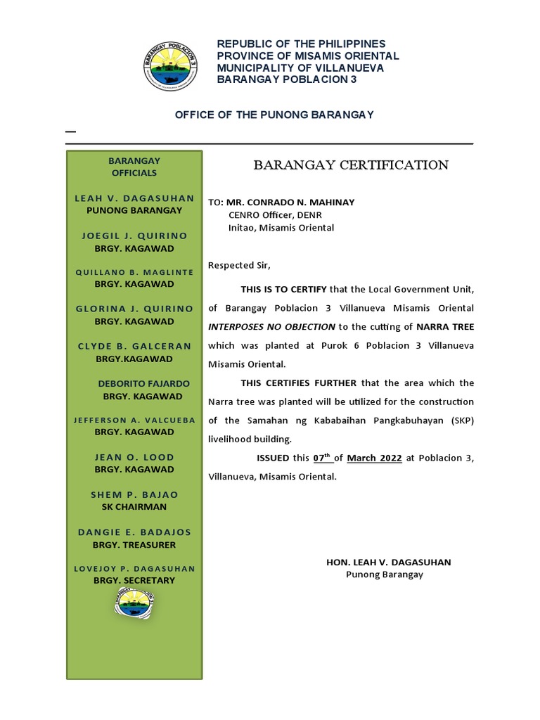 Barangay Certification-Interposing No Objection | PDF