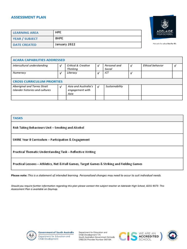 Year 8 HPE Assessment Plan 2022 | PDF