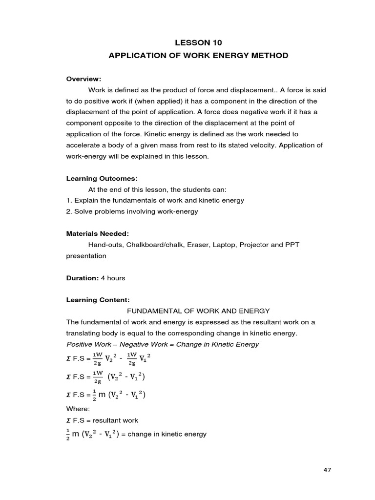 Lesson 10 Application of Work Energy Method: Overview | PDF | Force ...