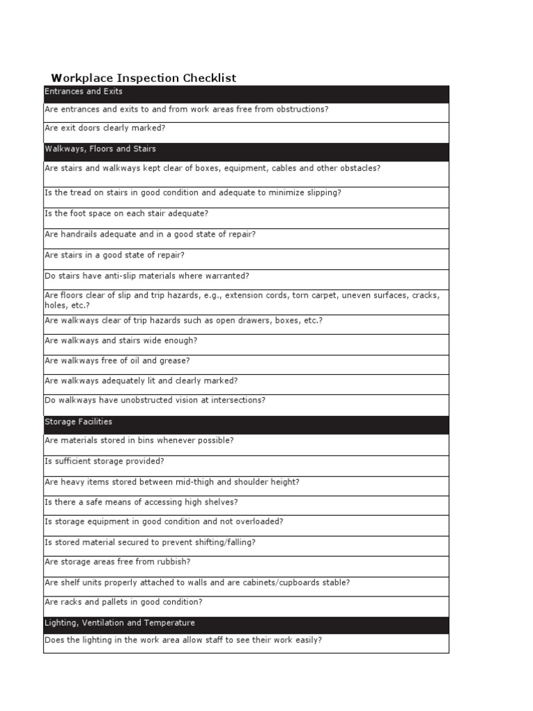 Workplace Inspection Checklist | PDF | Stairs | Personal Protective ...