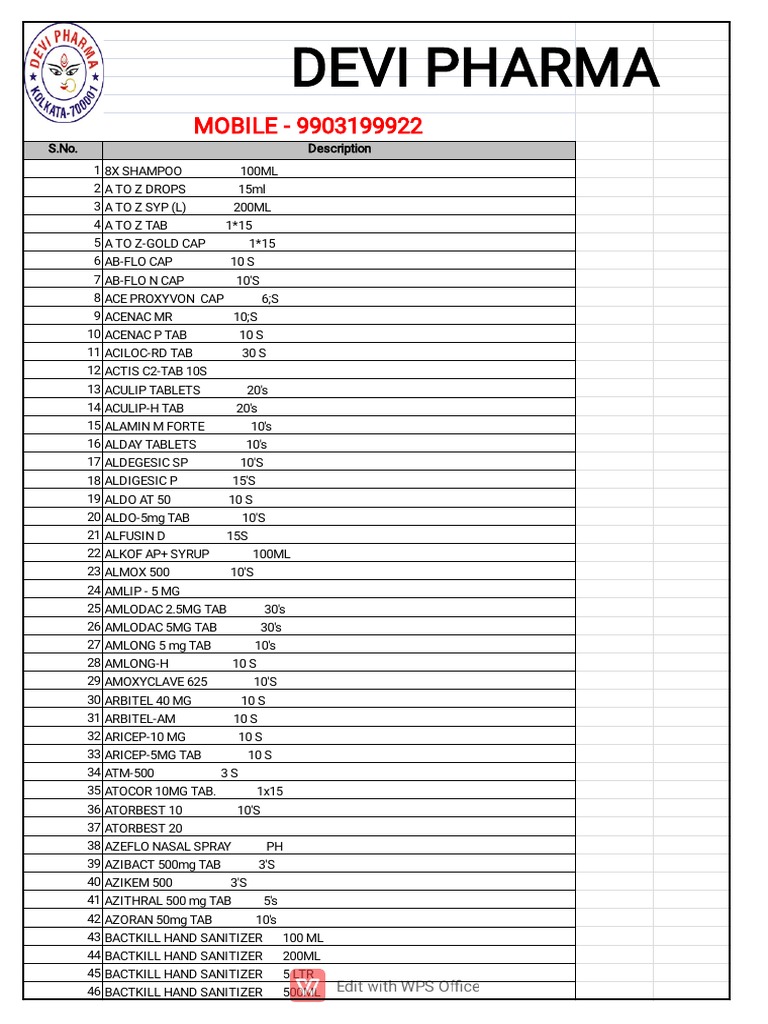 Devi Pharma: MOBILE - 9903199922 | PDF | Pharmacology | Drugs