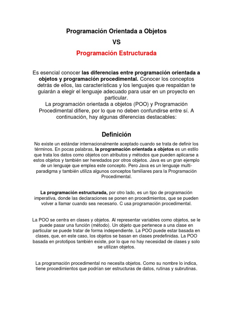 Programación Orientada a Objetos VS Programación Estructurada | PDF | Objeto (informática ...