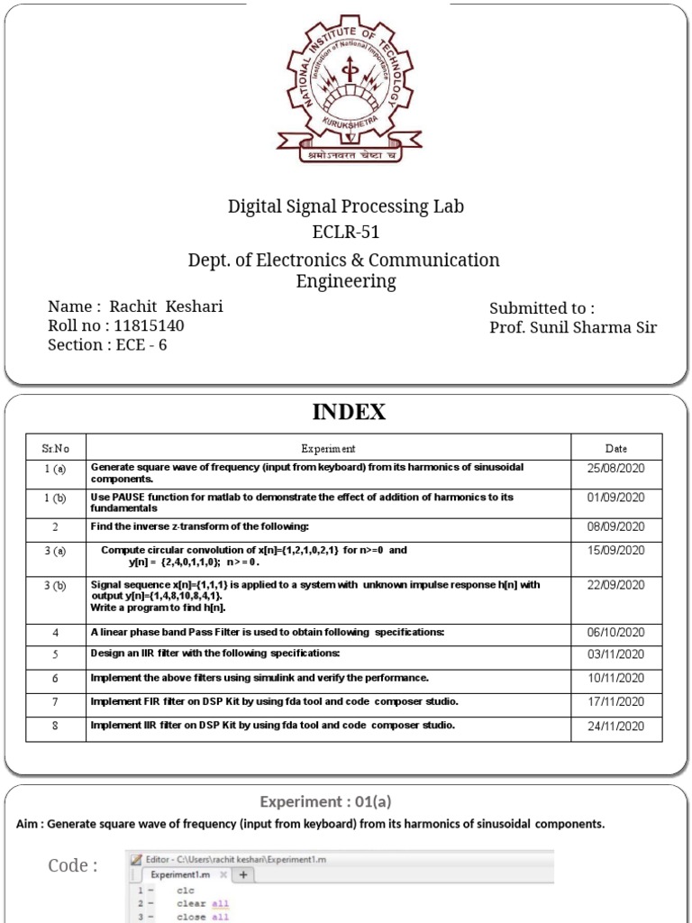 Digital Signal Processing Lab ECLR-51 Dept. of Electronics ...