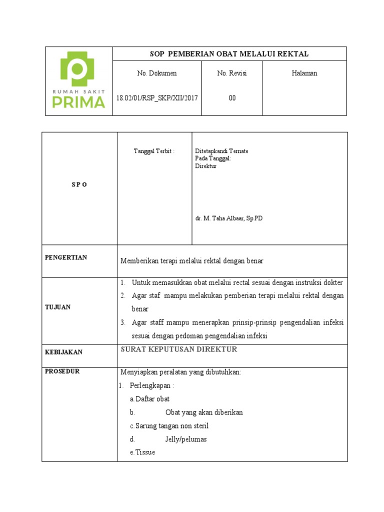 Sop Pemberian Obat Melalui Rektal | PDF