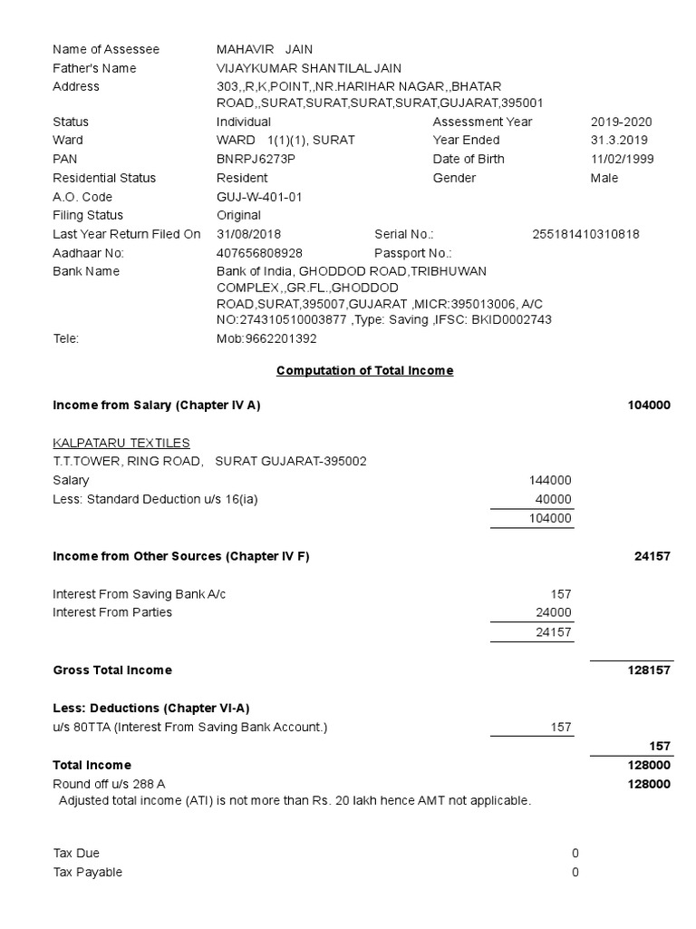 Computation of Total Income Income From Salary (Chapter IV A) 104000 ...
