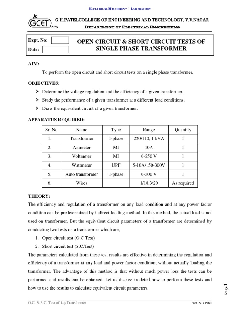 Open Circuit & Short Open Circuit & Short Circuit Test Single Phase ...
