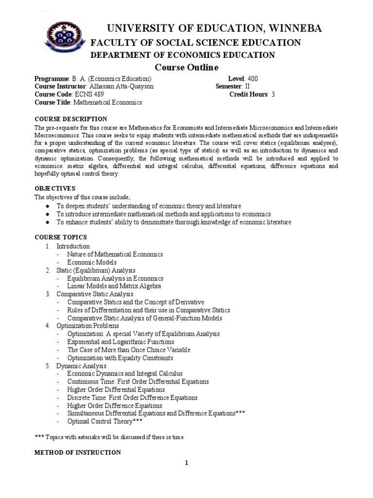 Course Outline For Mathematical Economics 2021 | PDF | Mathematical ...