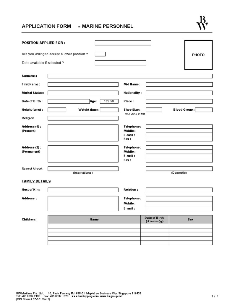 Application Form Marine Personnel: Position Applied For: Photo | PDF ...