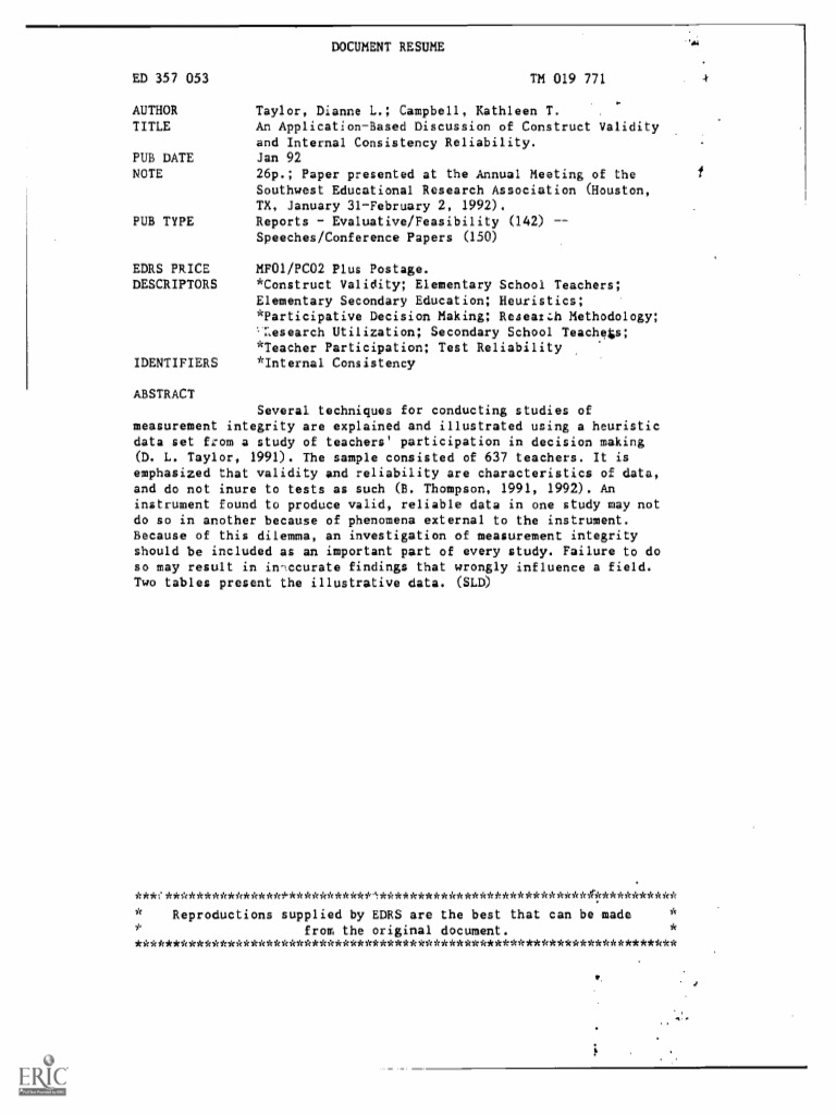 An Application-Based Discussion of Construct Validity and Internal Consistency Reliability | PDF ...