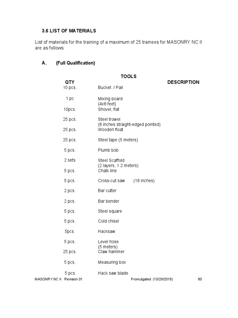 List of Tools and Materials Masonry | PDF | Masonry | Building Materials