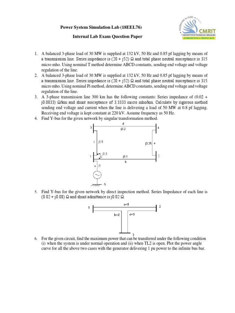 PSS Lab (18EEL76) - Lab - Exam - QP | PDF | Electric Power Transmission | Electrical Impedance