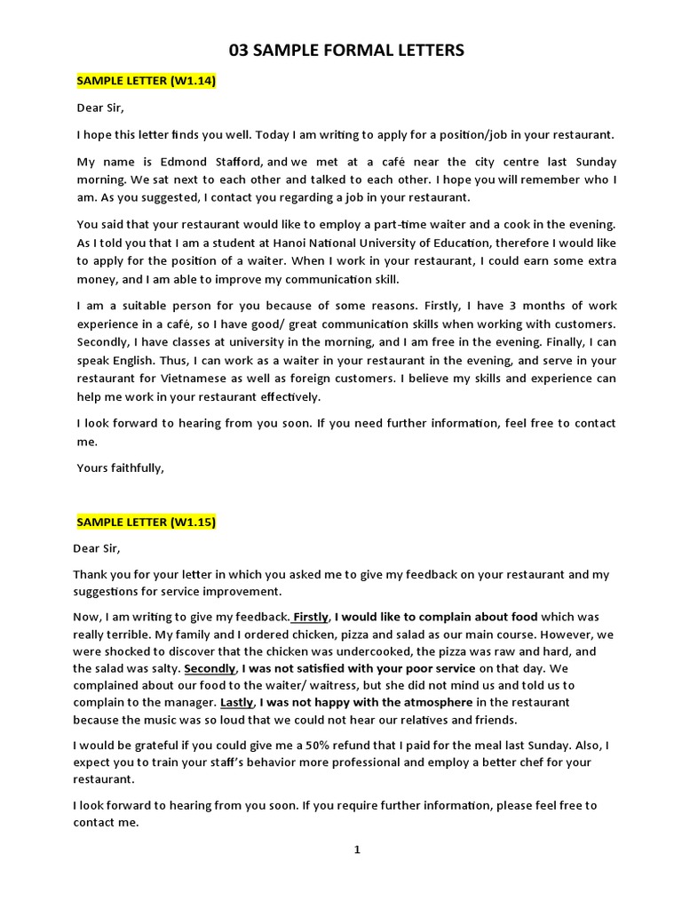 03 Sample Formal Letters | PDF | Waiting Staff
