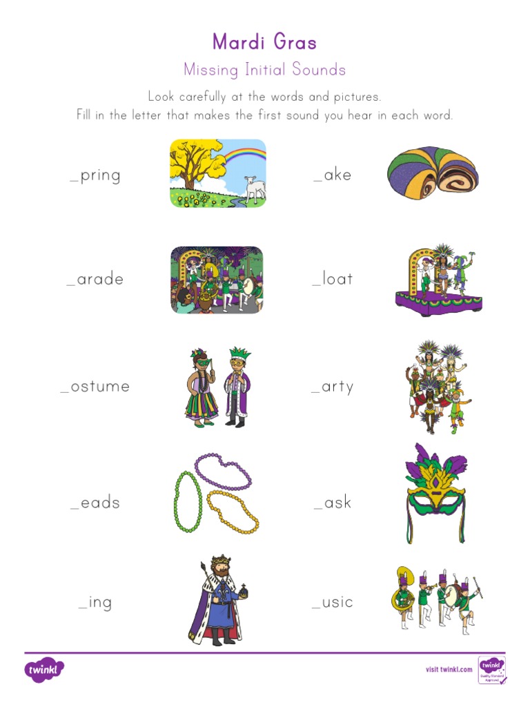 Mardi Gras Initial Sounds Missing Sounds Activity Sheet | PDF