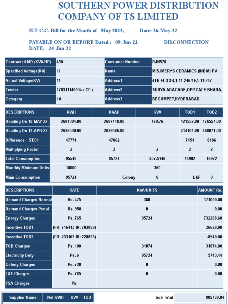H.T C.C. Bill For The Month of May 2022, Date: 26-May-22 Payable On or ...