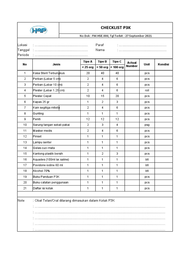 FM - Hse.ert.006 Cheklist Kotak p3k | PDF