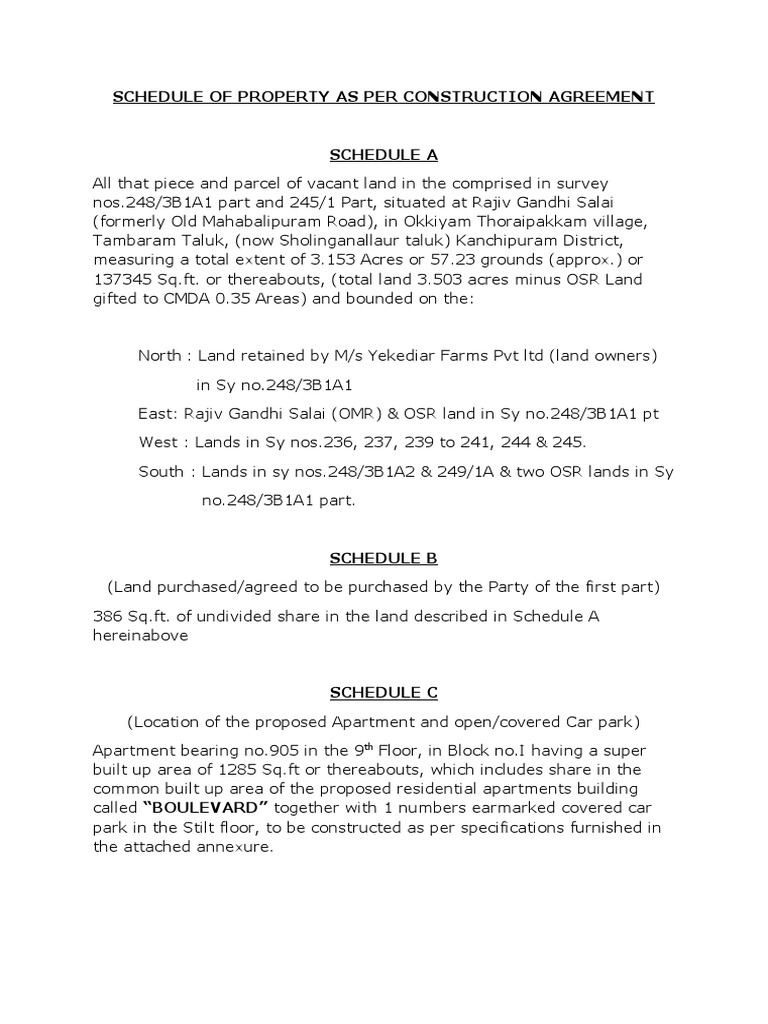 Schedule of Property As Per Construction Agreement | PDF | Property ...