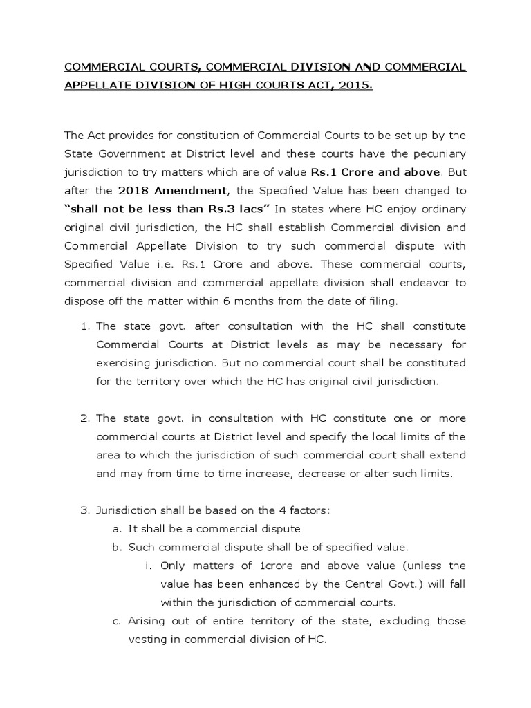 Commercial Courts Act, 2015 | PDF | Judgment (Law) | Jurisdiction