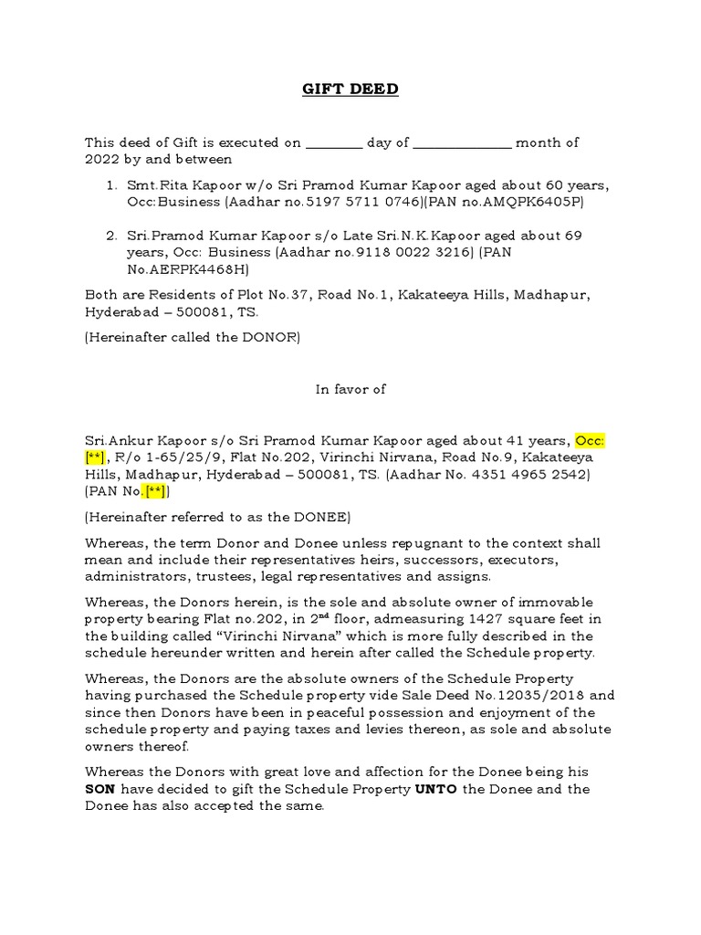 Gift Deed: SON Have Decided To Gift The Schedule Property UNTO The ...