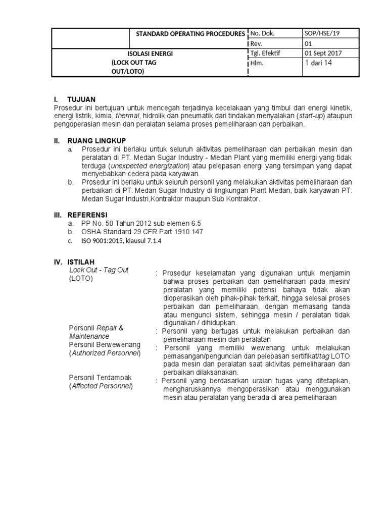 Sop Hse 19 Loto Rev 01 Dikonversi | PDF