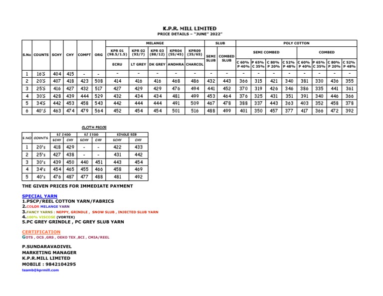 KPR Price List June 2022 | PDF | Yarn | Knitting
