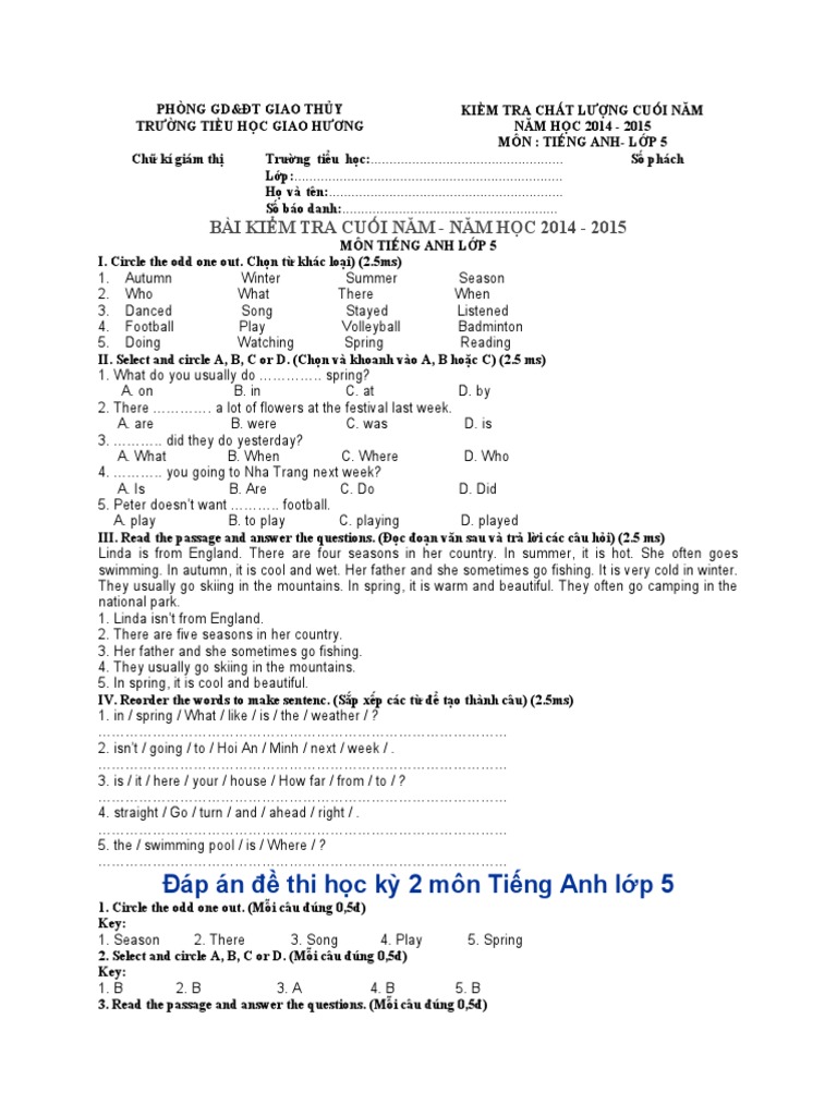 De Thi Tieng Anh Lop 5 Cuoi Ki 2 | PDF | Sports & Recreation | Foreign ...