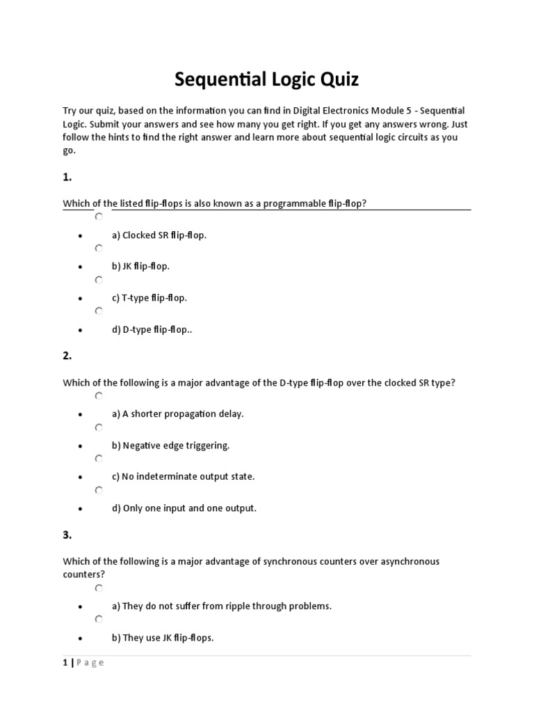 Sequential Logic Quiz | PDF | Logic Gate | Electronic Circuits