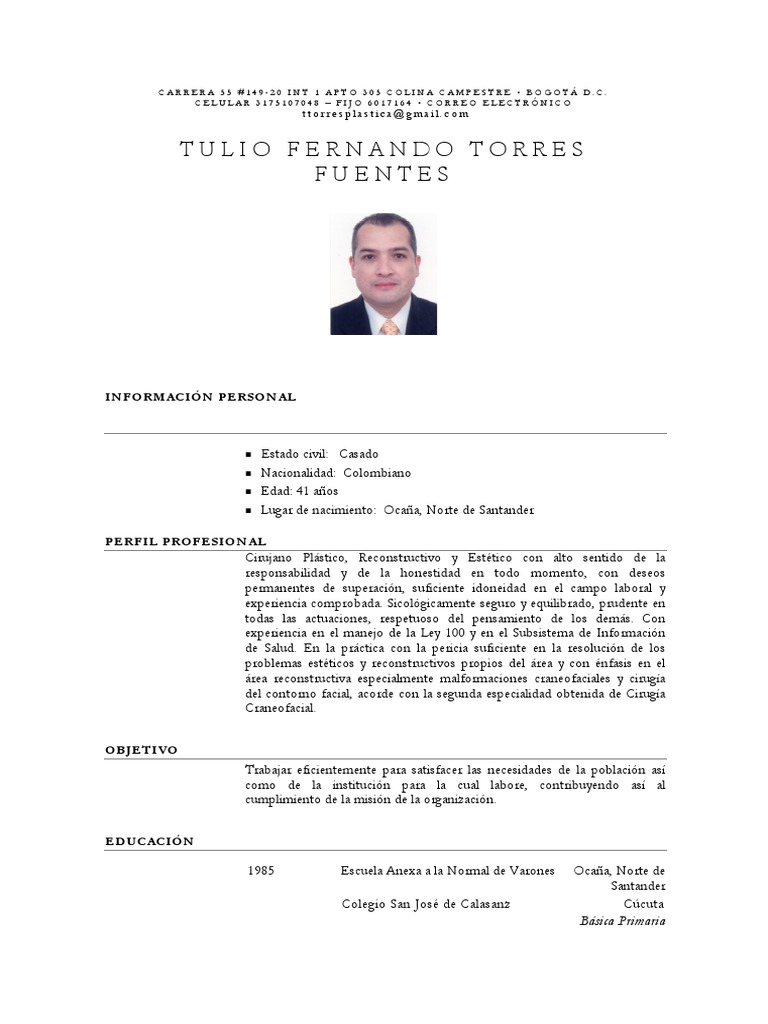 Dr. Tulio Torres: Cirujano Plástico | PDF | Cirugía plástica | Bogotá