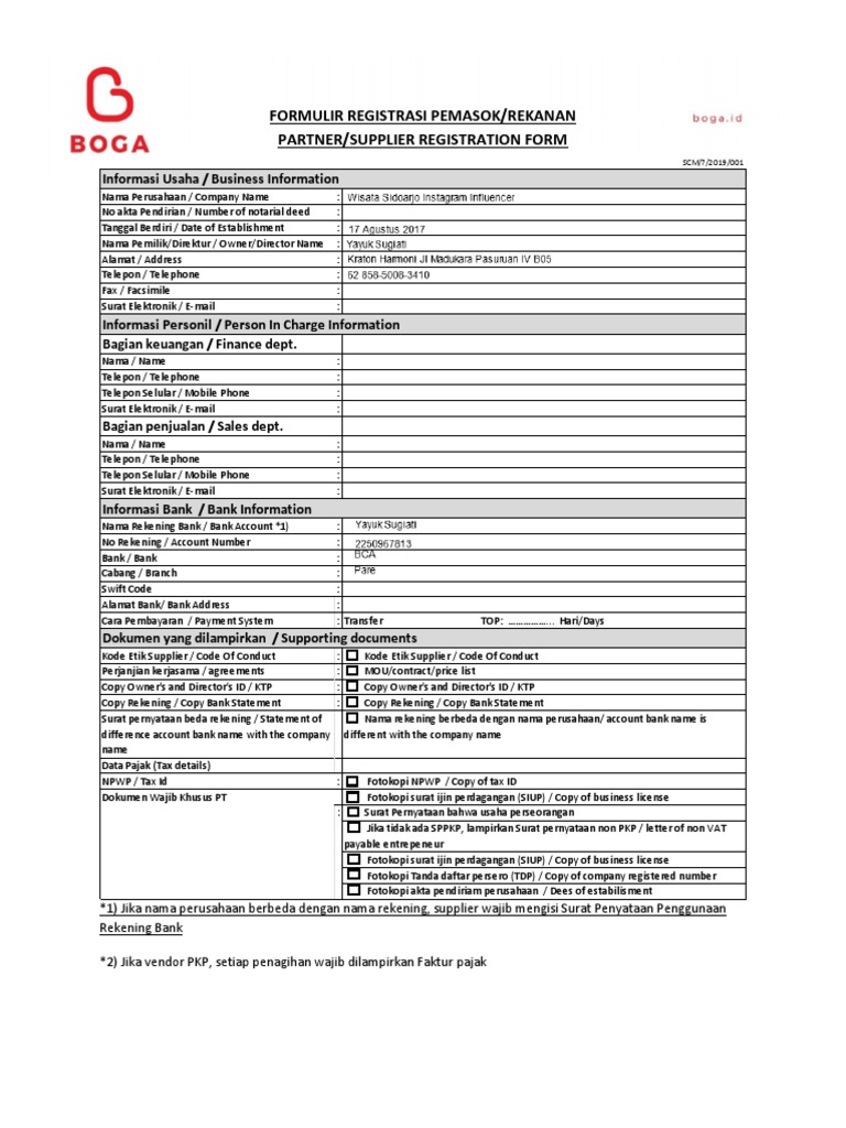 Form Registration Vendor BOGA Group | PDF