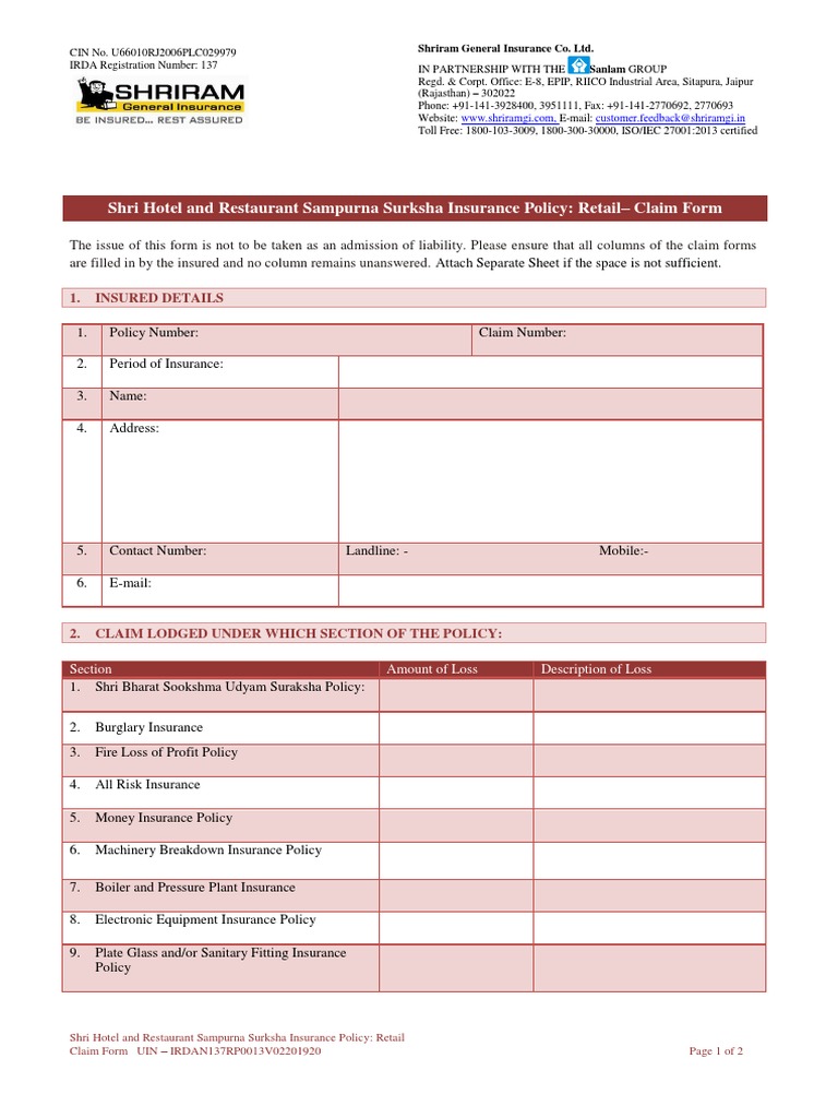 Shri Hotel and Restaurant Sampurna Surksha Insurance Policy: Retail ...