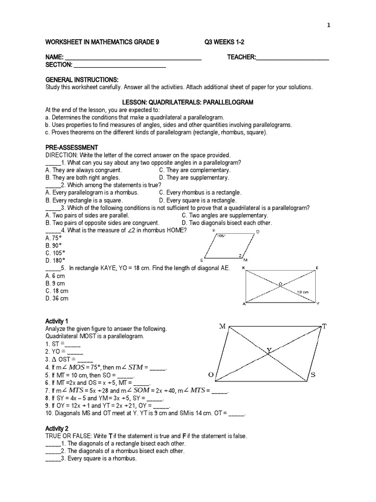 Grade 9 Worksheet Q3 Week 1 2 | PDF | Rectangle | Elementary Mathematics