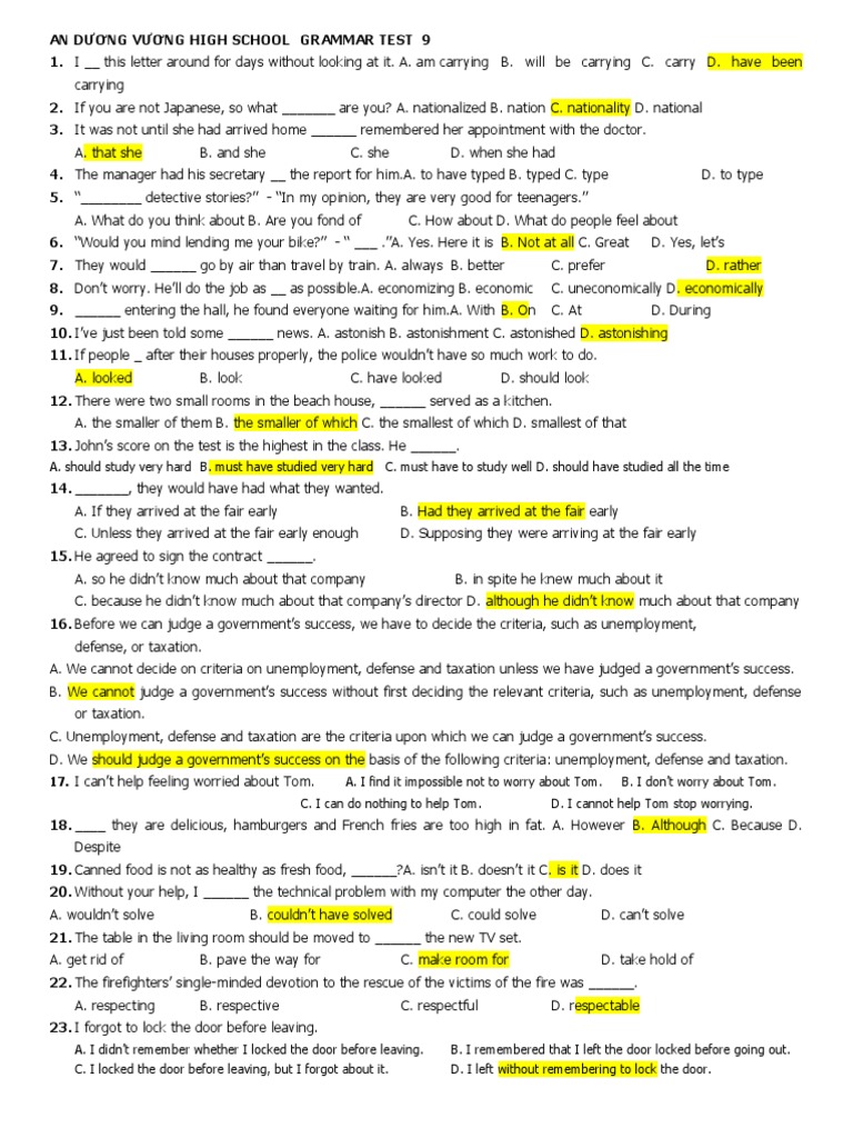 Grammar Test 9 2022 | PDF