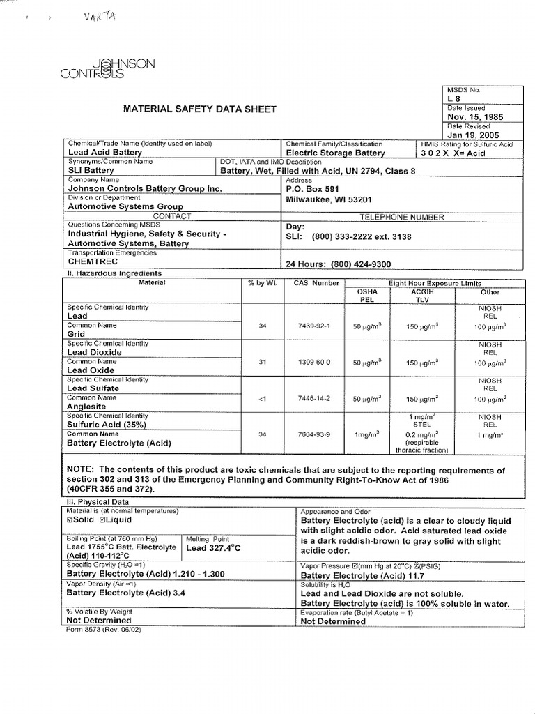 MSDS Varta | PDF
