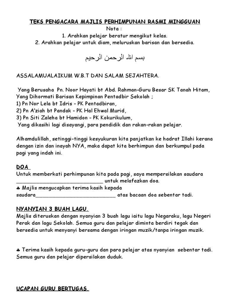 Teks Pengacara Majlis Perhimpunan Rasmi Mingguan 2022 | PDF