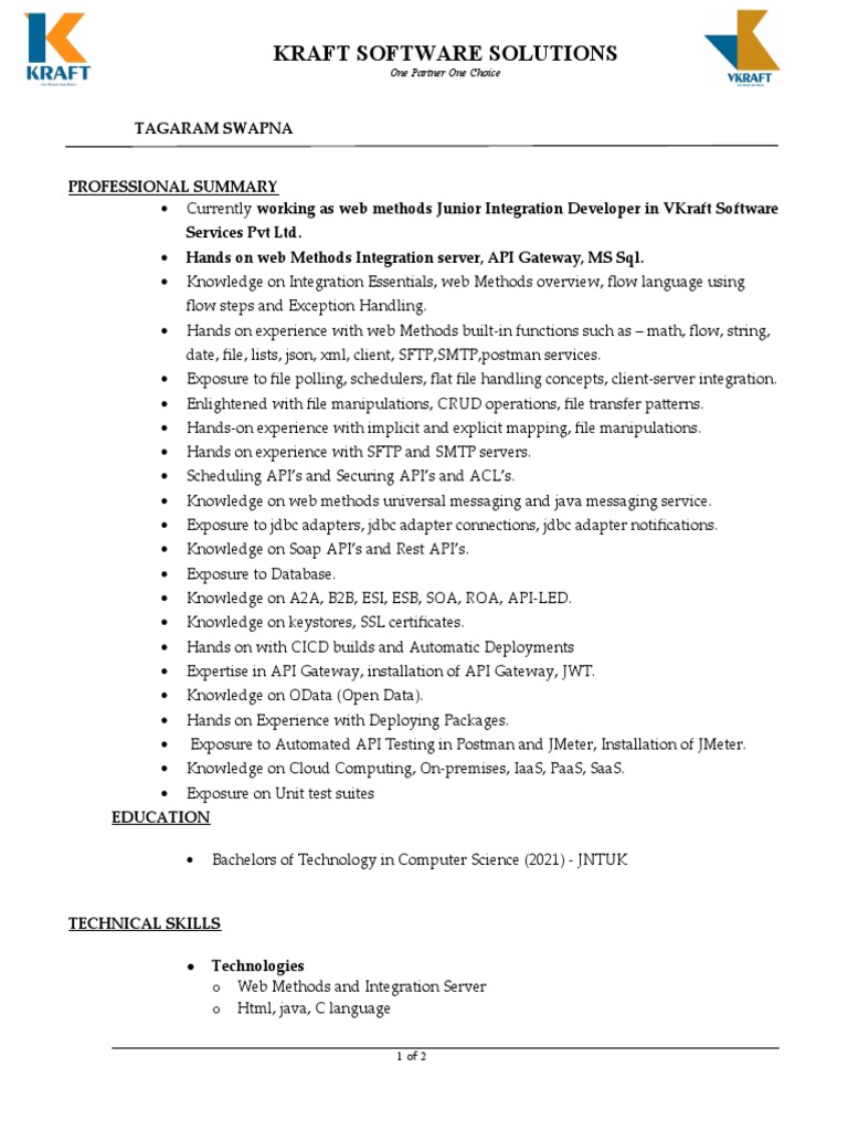 Kraft Software Solutions: Tagaram Swapna Professional Summary Services PVT LTD | PDF | Microsoft ...