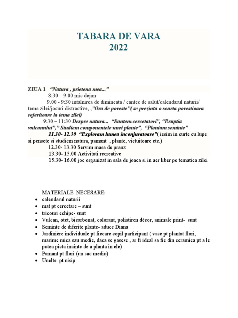 Petrula Nicoleta-Planificare TABARA de VARA | PDF