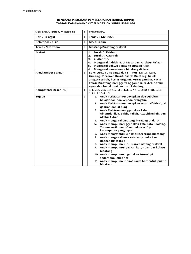RPPH Tema Binatang untuk TK | PDF
