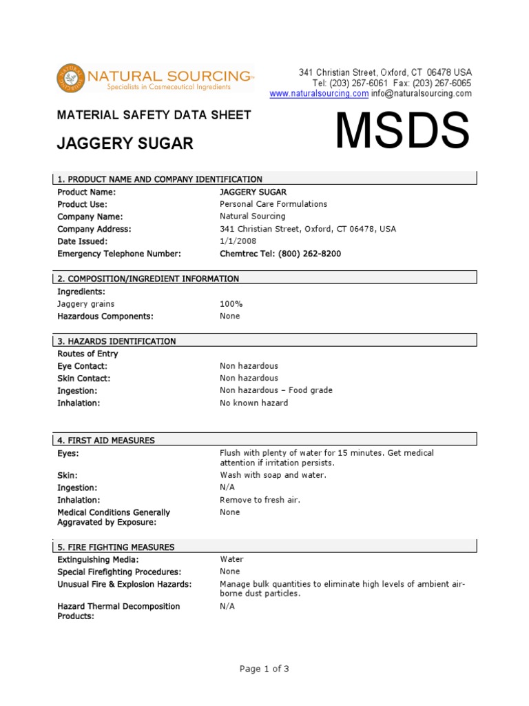 Jaggery Sugar: Material Safety Data Sheet | PDF | Water | Firefighting
