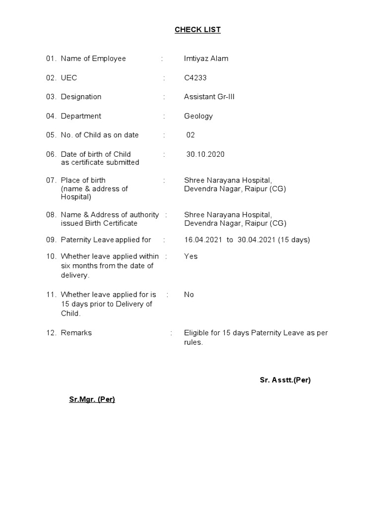 Check List Paternity Leave | PDF | Family | Living Arrangements