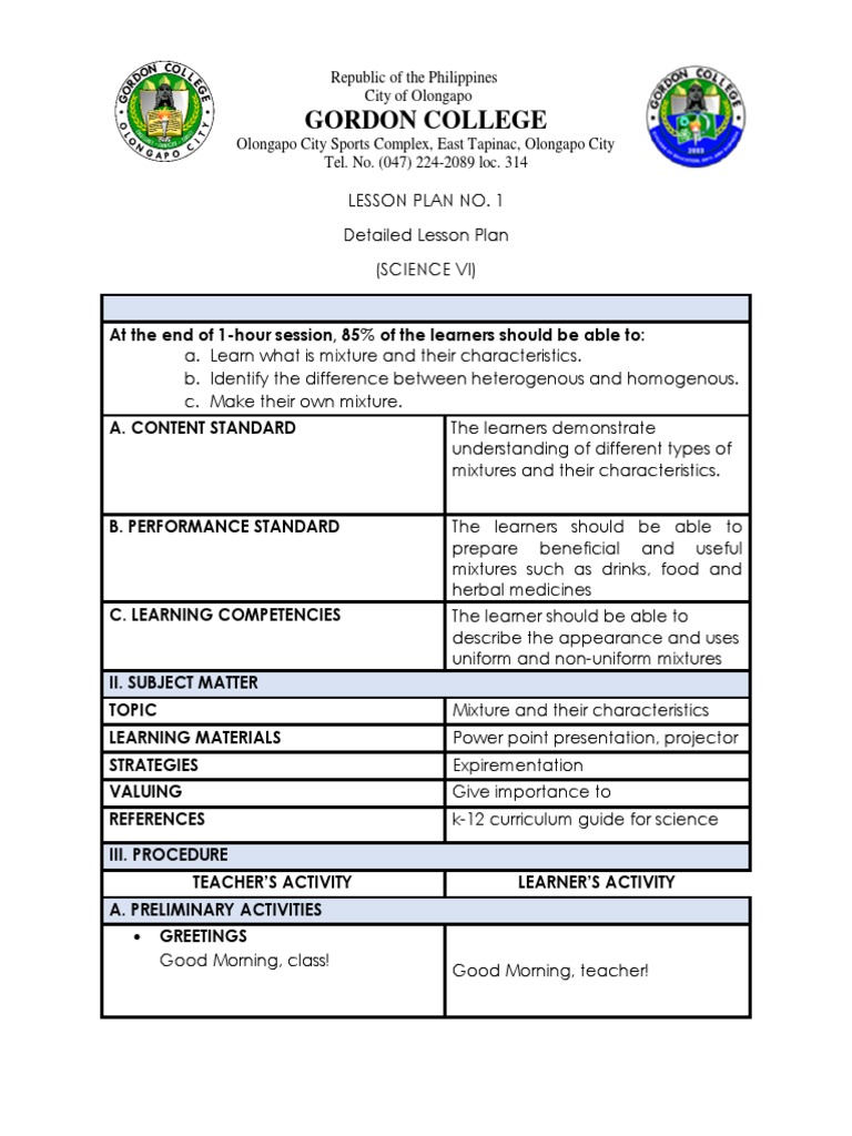 Detailed Lesson Plan (Mixture Characteristics) | PDF | Mixture ...