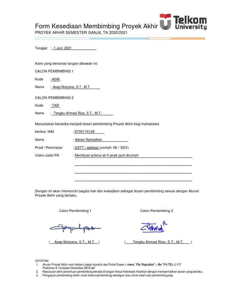 Form Kesediaan Membimbing - Adrian - Sig - TAR | PDF
