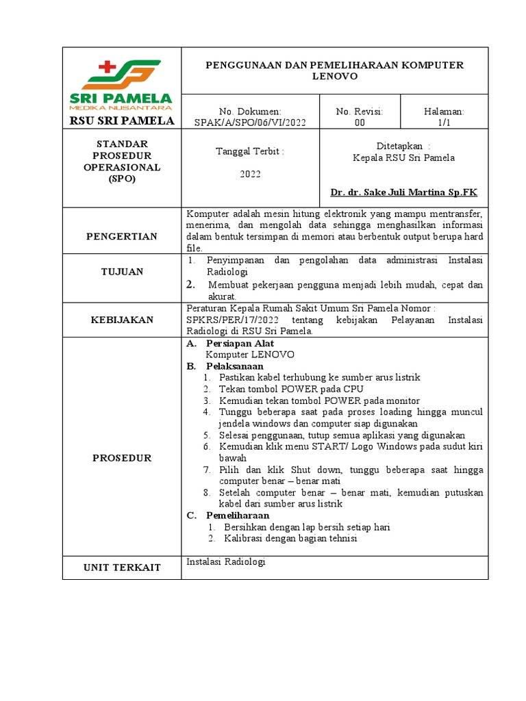 SPO PENGGUNAAN DAN PEMELIHARAAN KOMPUTER Lenovo Ok | PDF
